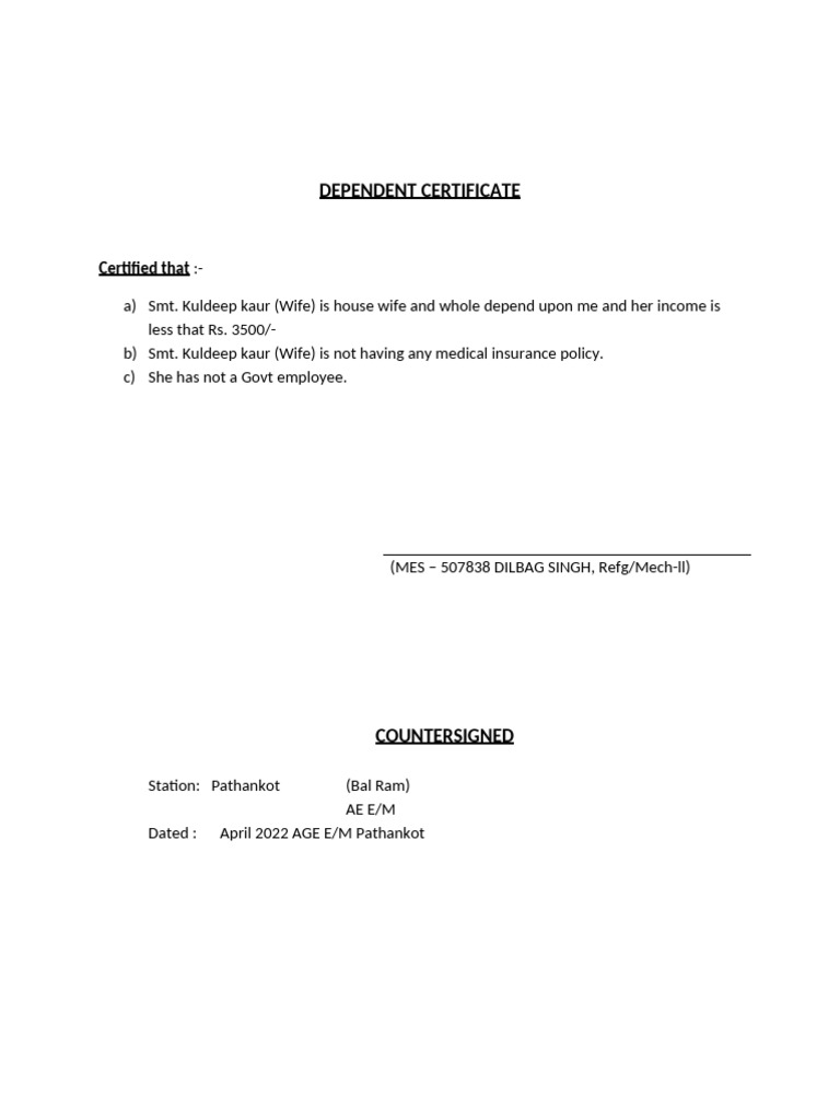 Dependent Certificate | PDF