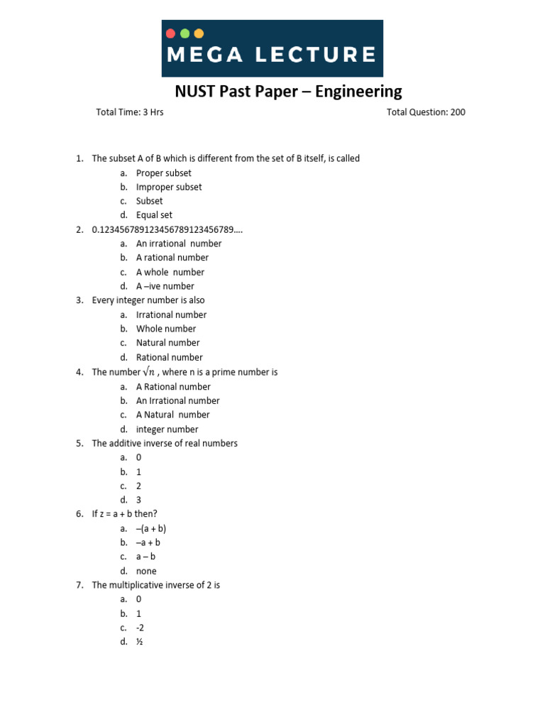 NUST Engineering Pastpaper 2 | PDF | Integer | Rational Number
