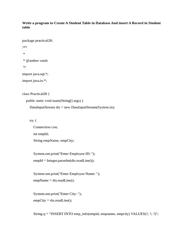 Write A Program To Create A Student Table in Database and Insert A Record in Student Table | PDF ...