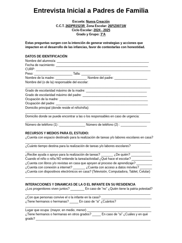 Entrevista Inicial A Padres de Familia | PDF