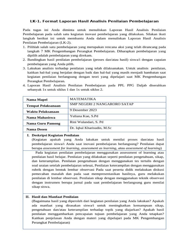 LK 1 Hasil Analisis Penilaian Pembelajaran | PDF | Karier & Perkembangan | Bisnis