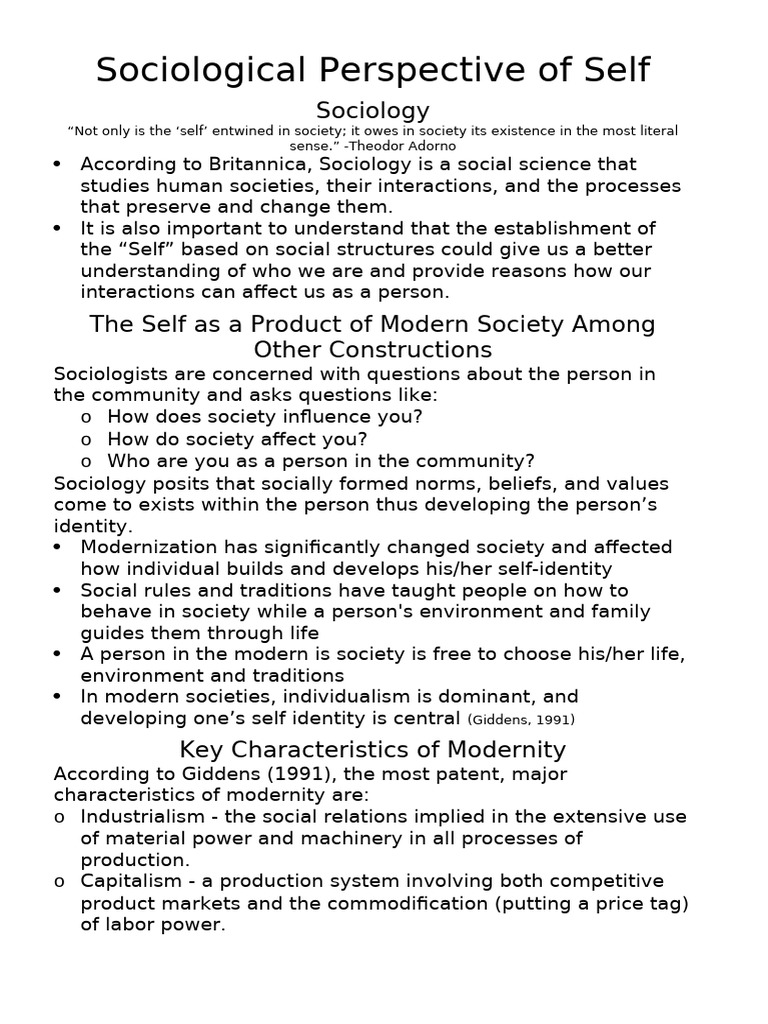 Sociological Perspective of Self | PDF | Sociology | Identity (Social ...
