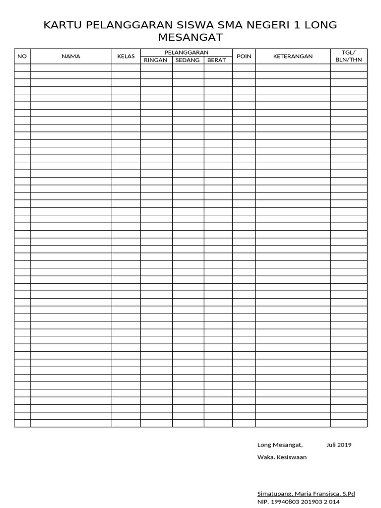 Kartu Pelanggaran Siswa Sma Negeri 1 Long Mesangat | PDF