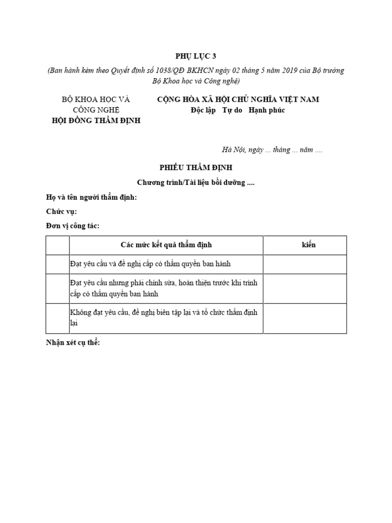 Mau Phieu Tham Dinh Tai Lieu Boi Duong | PDF