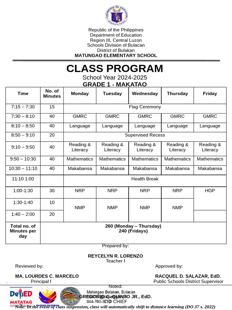 Grade 1 Class Program 2024-2025 | PDF | Schools | Cognition