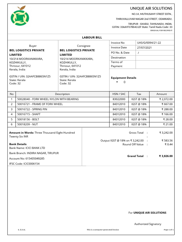 Invoice for BEL Logistics | PDF | Invoice | Taxes