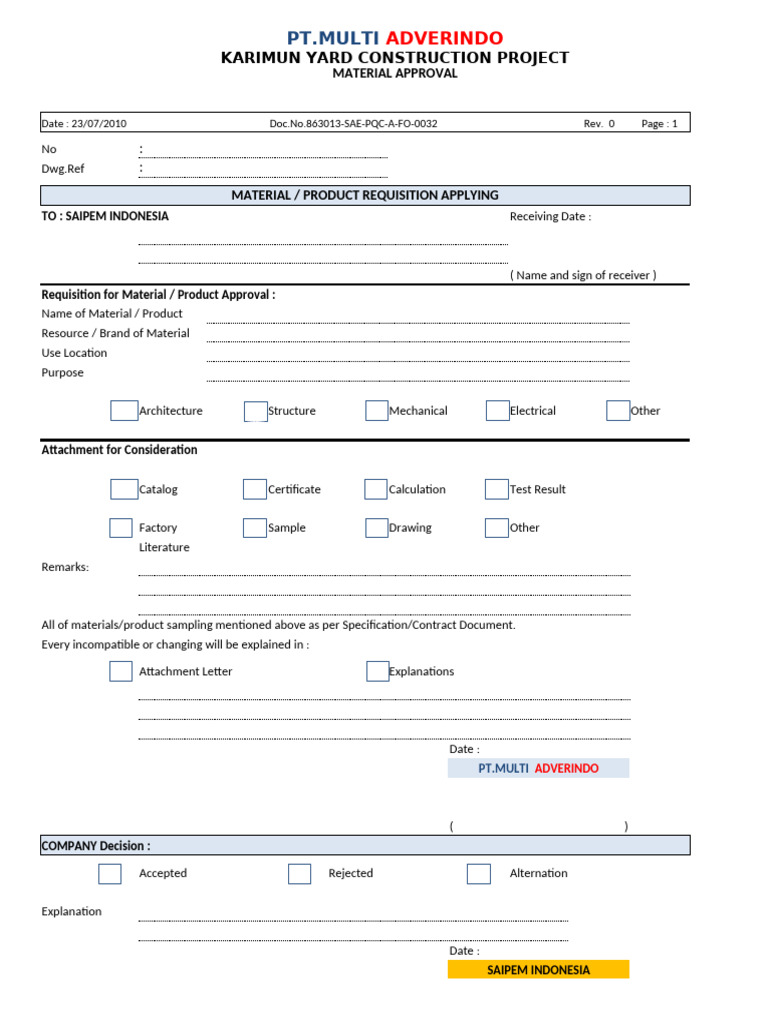 863013-SAE-PQC-A-FO-0032 Rev.0 Form Material Approval | PDF