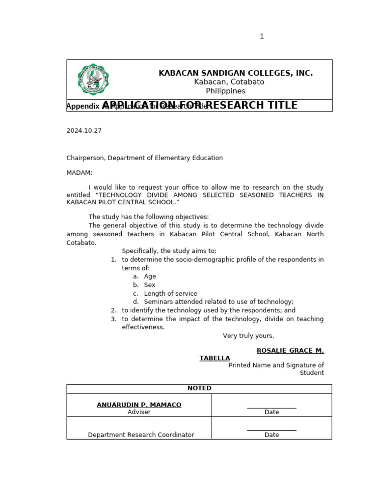 Application For Research Title | PDF
