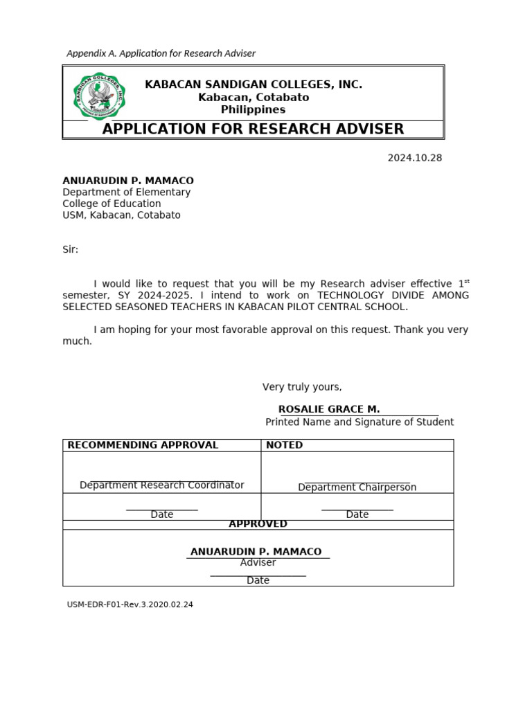 Application For Research Adviser | PDF