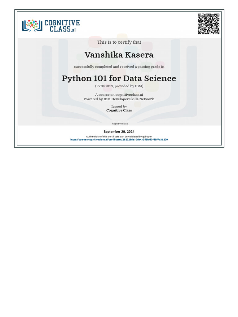 IBM PY0101EN Certificate - Cognitive Class | PDF | Computers