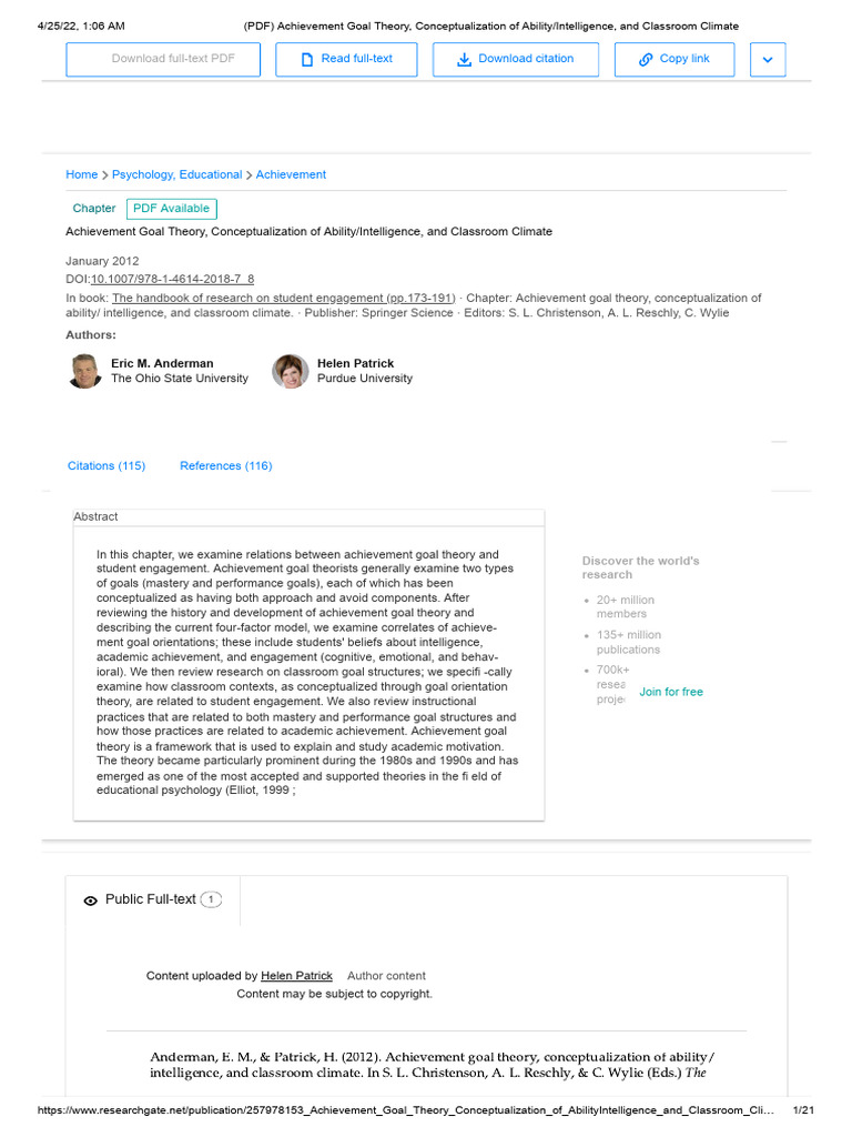 (PDF) Achievement Goal Theory, Conceptualization of Ability ...