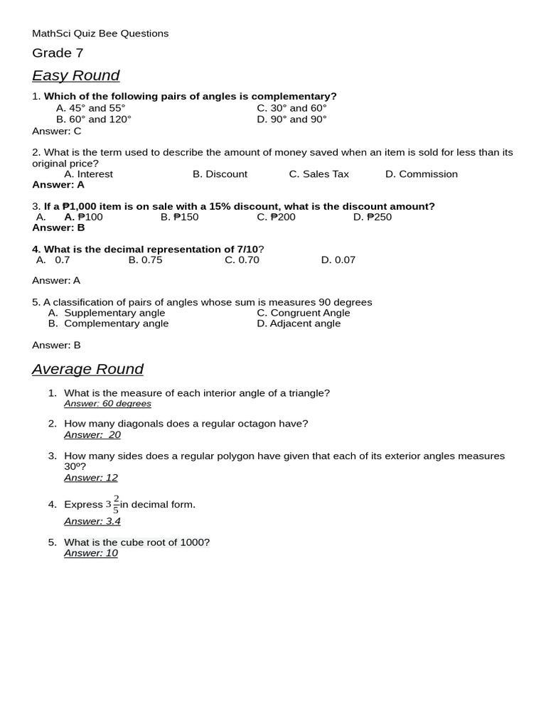 MathSci Quiz Bee Questions Grade 7 | PDF