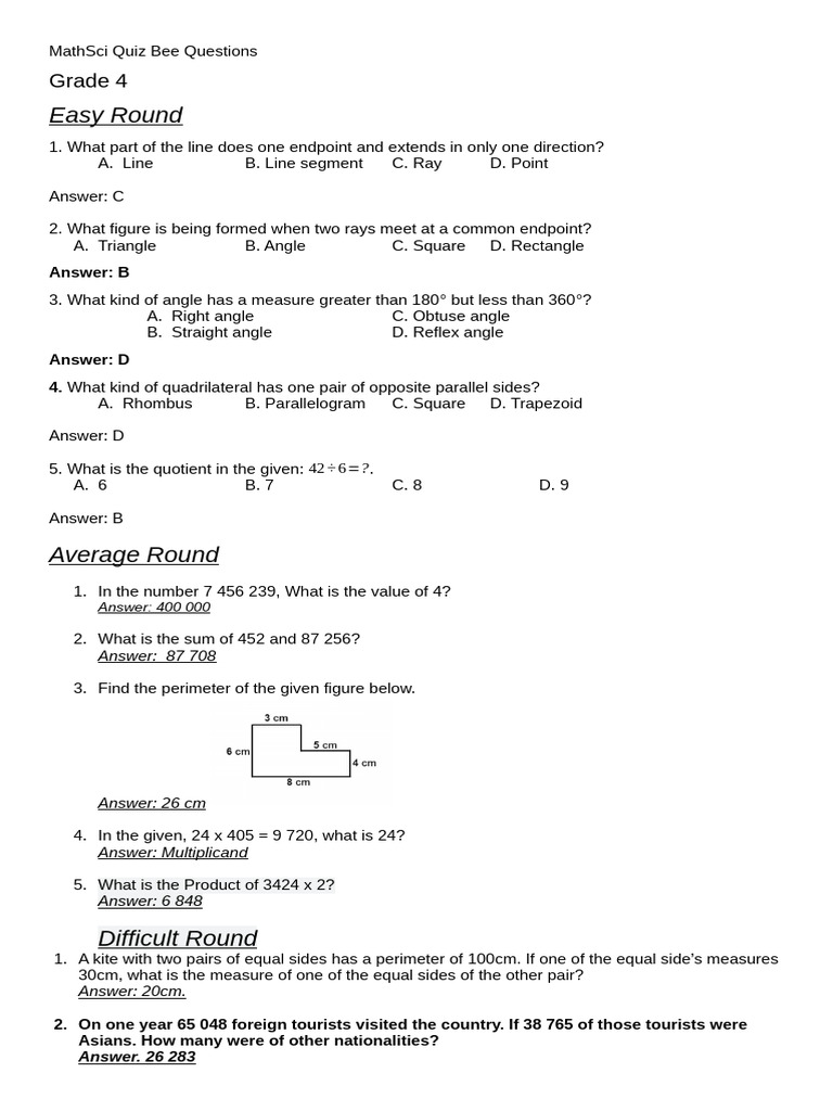 MathSci Quiz Bee Questions Grade 4 | PDF