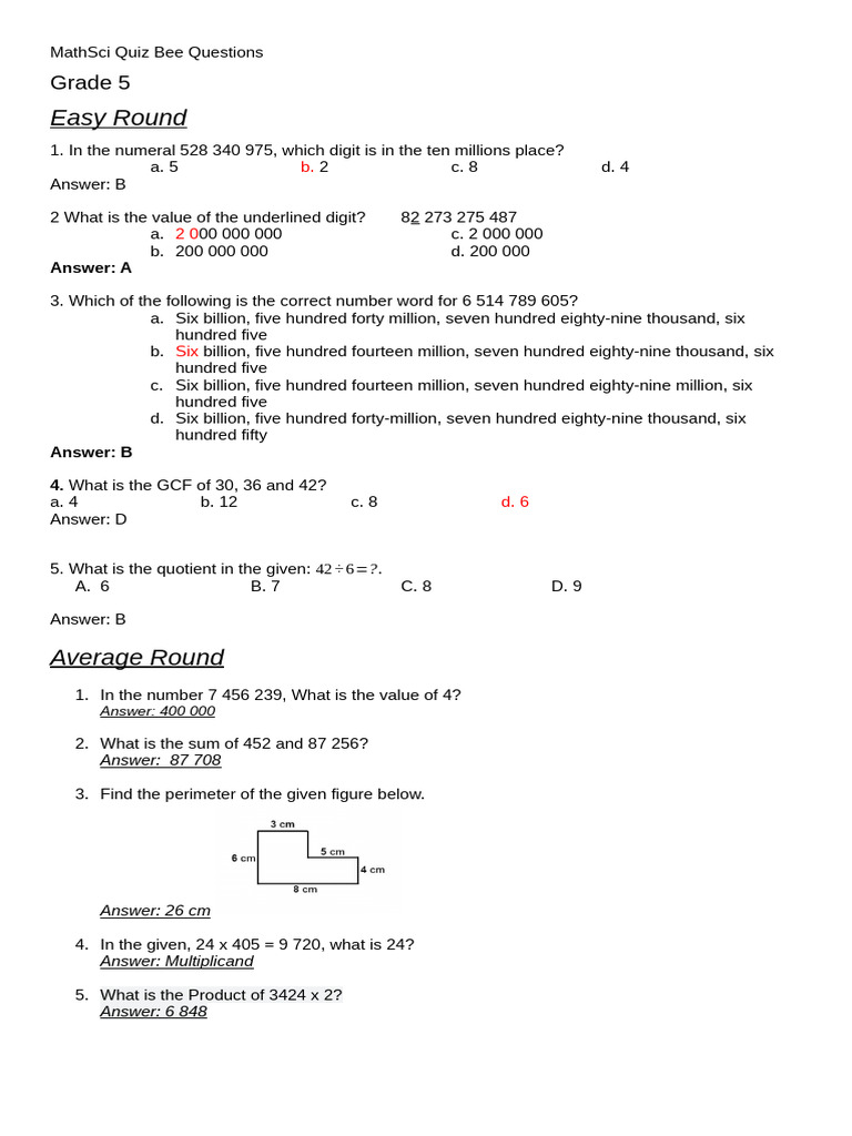 MathSci Quiz Bee Questions Grade 5 | PDF | Abstract Algebra | Discrete Mathematics