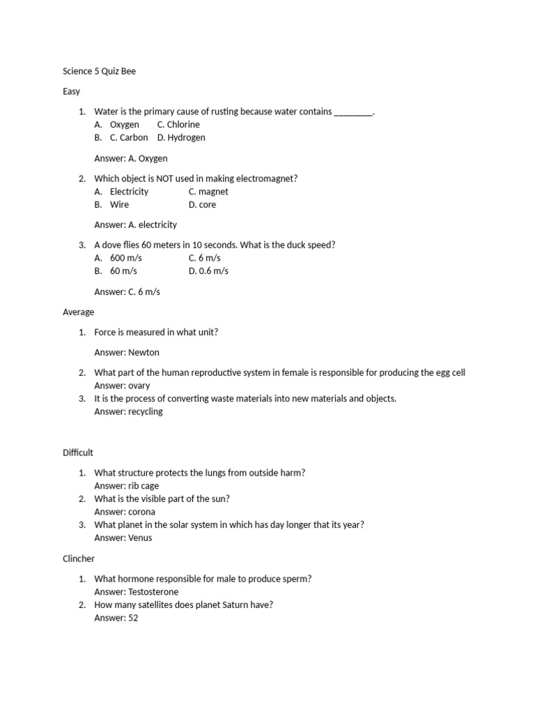Science 5 Quiz Bee | PDF