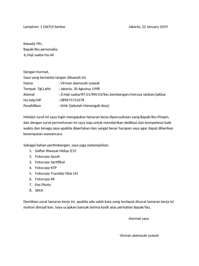 Contoh Surat Lamaran Kerja Simpel | PDF | Gaya Hidup