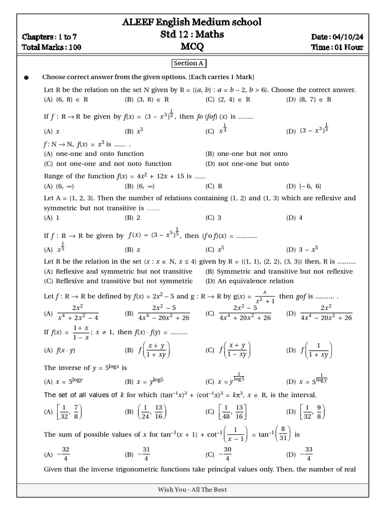 MCQ_D04-Oct-2024 | PDF | Matrix (Mathematics) | Determinant
