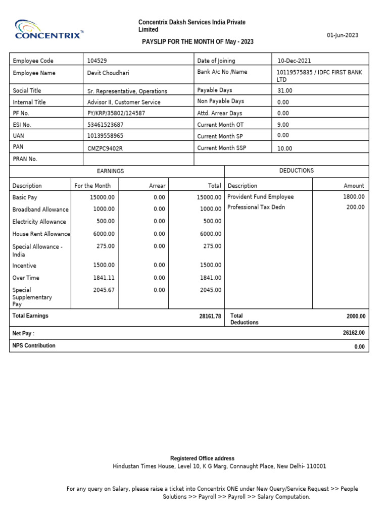 Salary Slip Concentrix | PDF | Payroll | Employee Relations