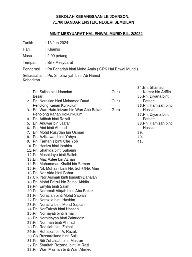 MINIT MESYUARAT HAL EHWAL MURID BIL 2.2024 | PDF