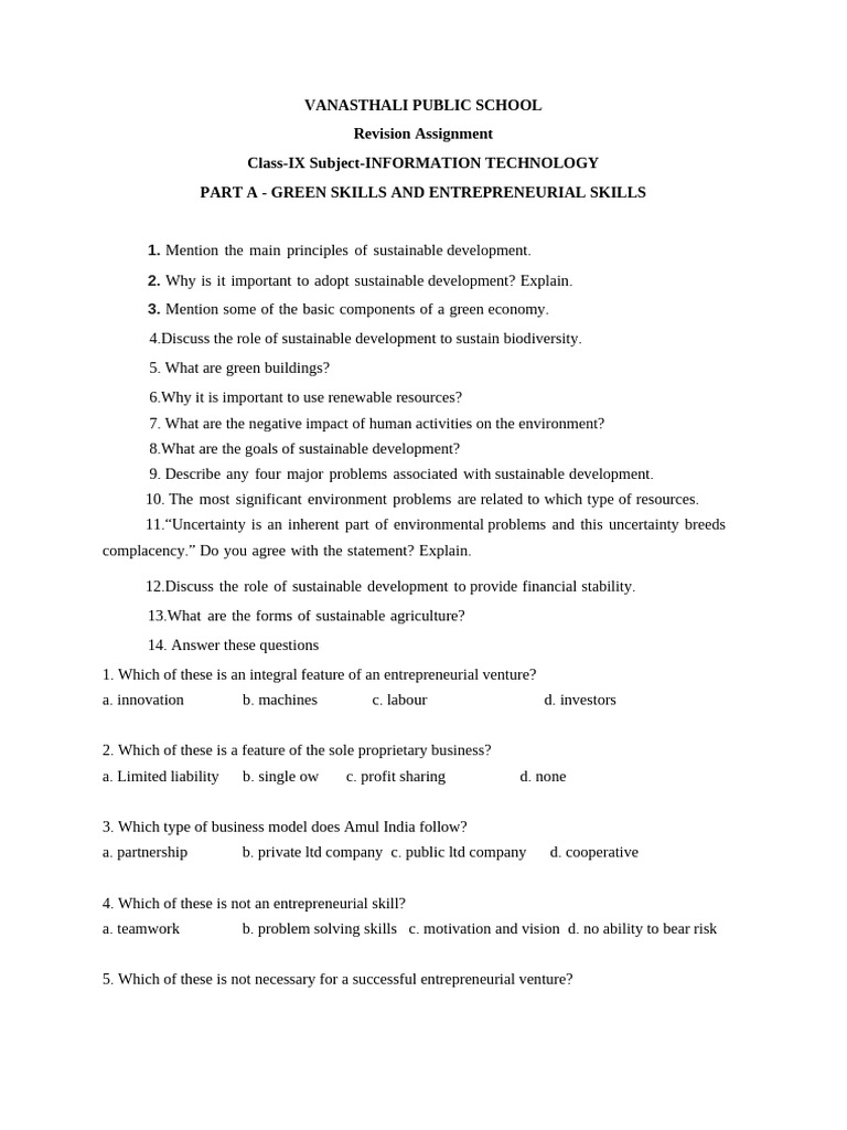 Revision Worksheet - Class 9 - Part A | PDF | Entrepreneurship ...