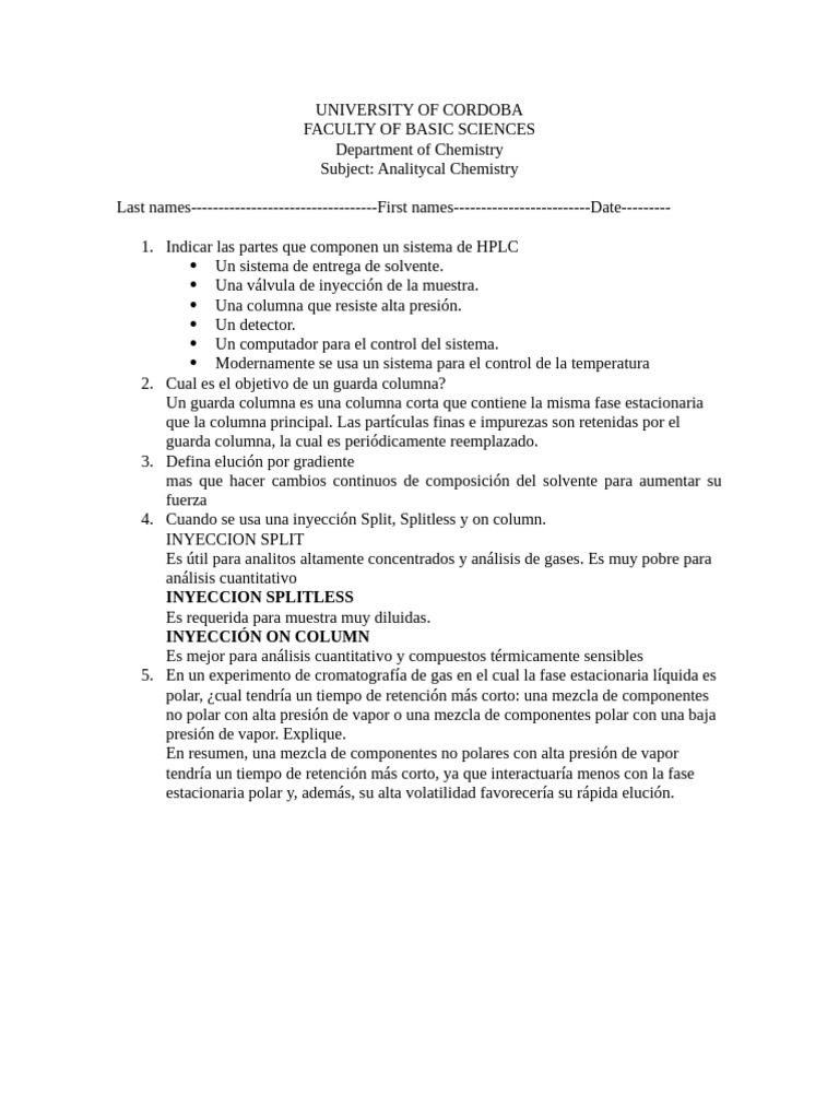 Quiz HPLC and GC. Grupo B | PDF