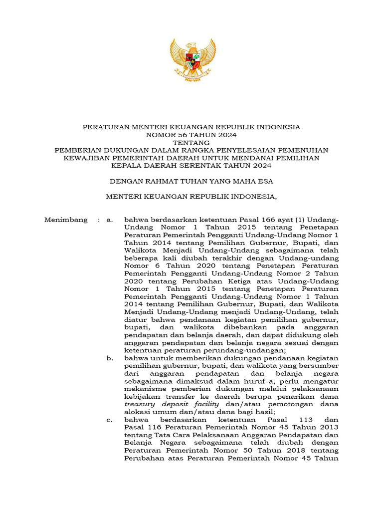 PMK Nomor 56 Tahun 2024 | PDF | Pengelolaan Keuangan & Uang