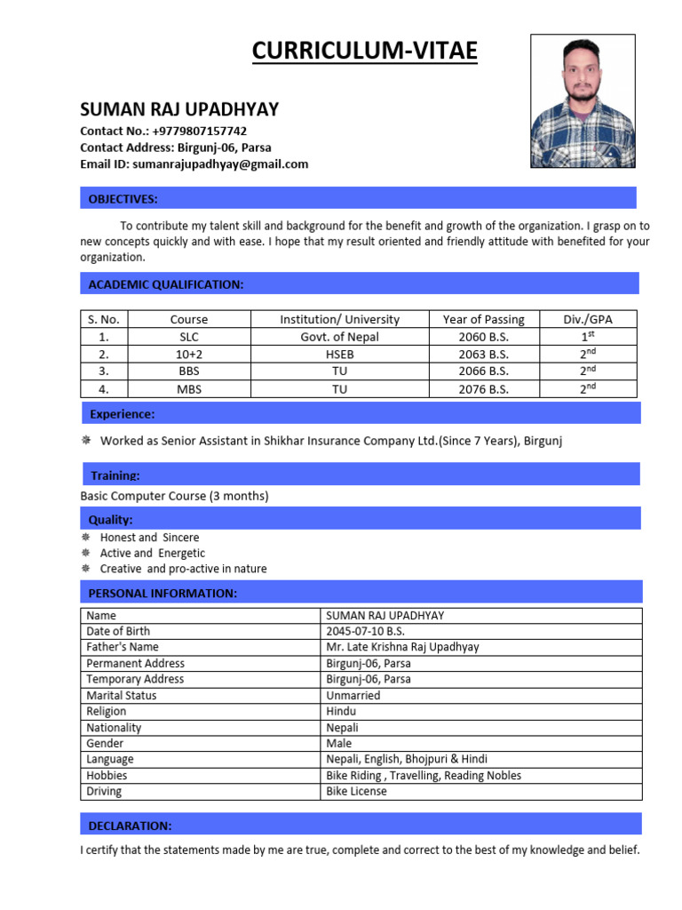 Curriculum-Vitae: Suman Raj Upadhyay | PDF