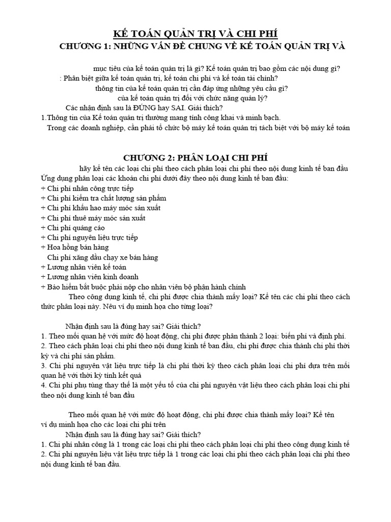 Câu Hỏi Bài Tập Ktqt Và Cp - 2022 - Sv | PDF