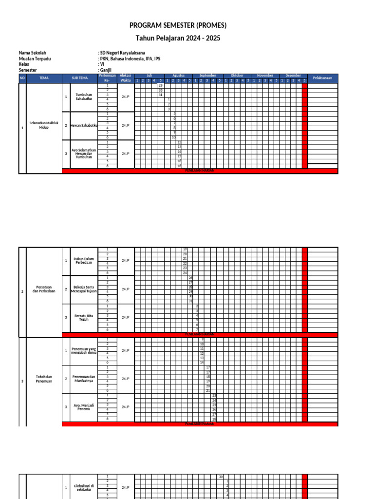 Program Semester Kelas 6 20242025 | PDF