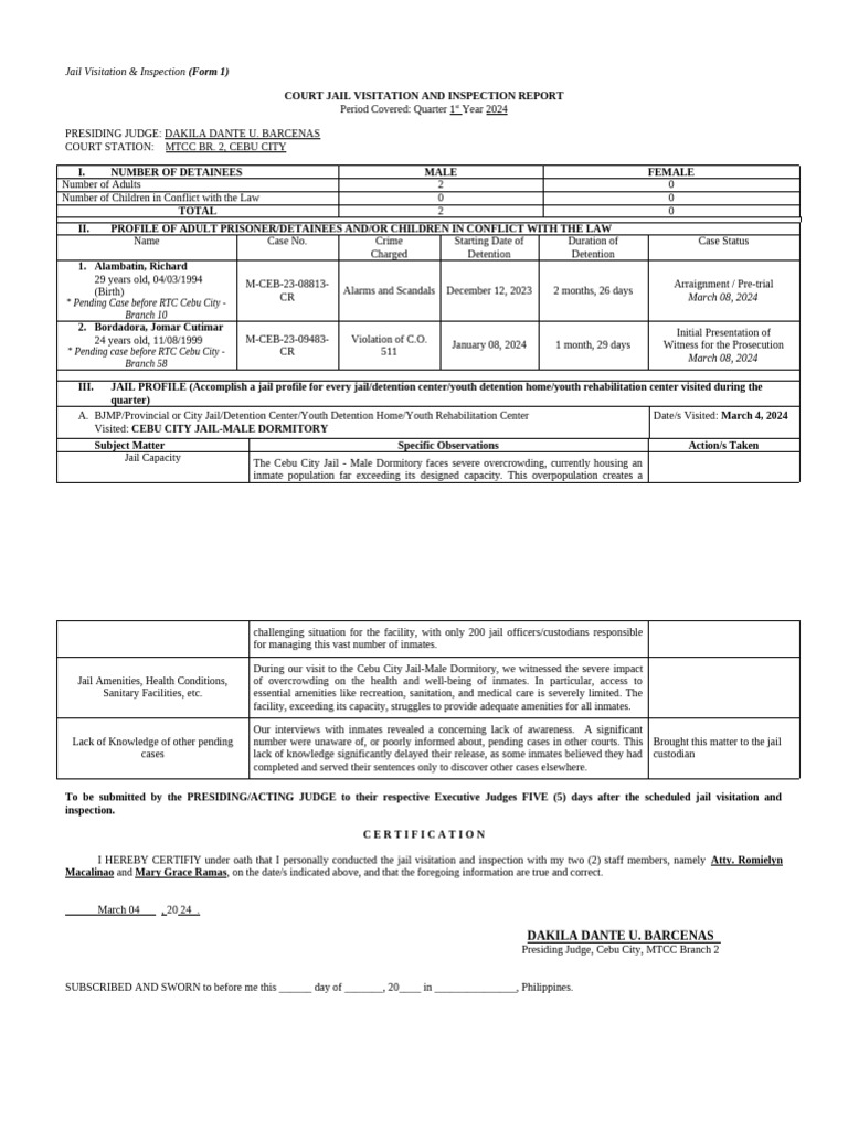 Court Jail Visitation and Inspection Report - 1st Quarter 2024 | PDF ...