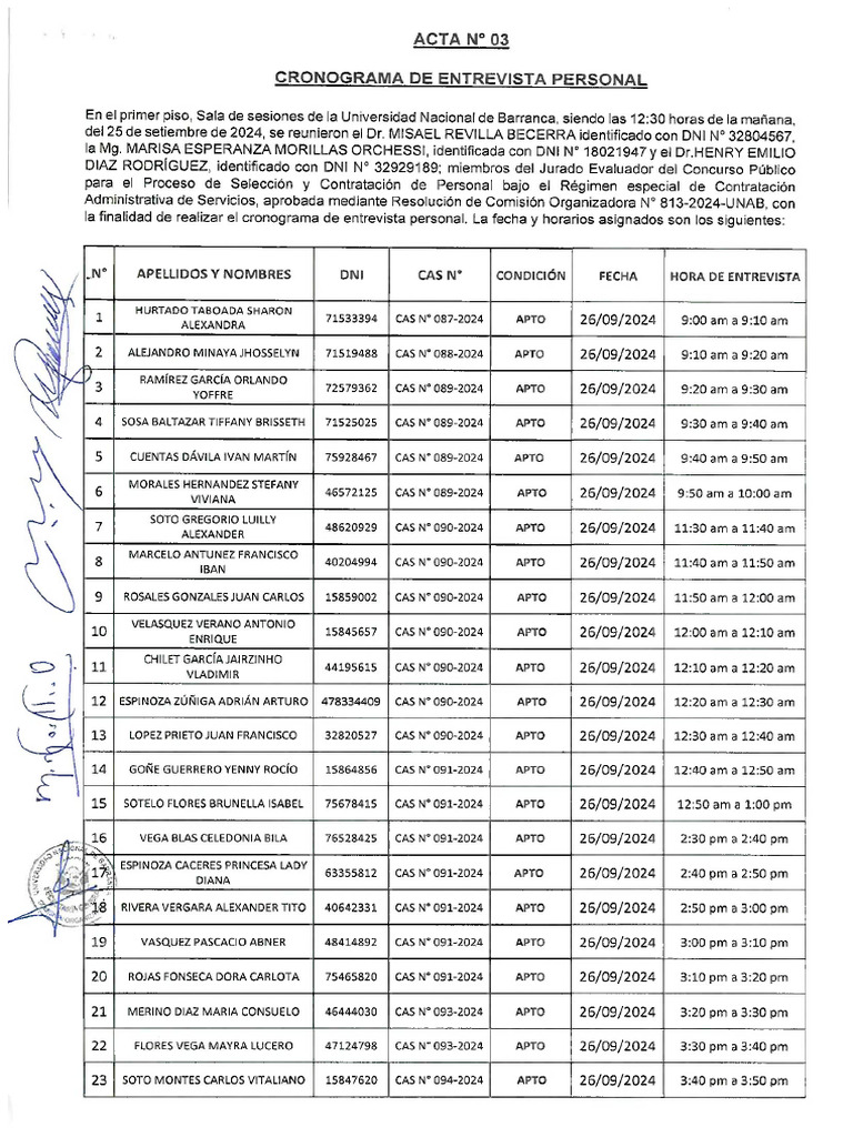 Acta 03 Cronograma de Entrevista Personal | PDF