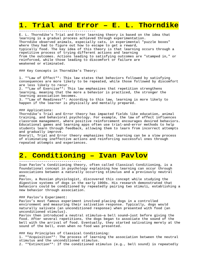 Psychology Theories Summary | PDF | Classical Conditioning | Reinforcement