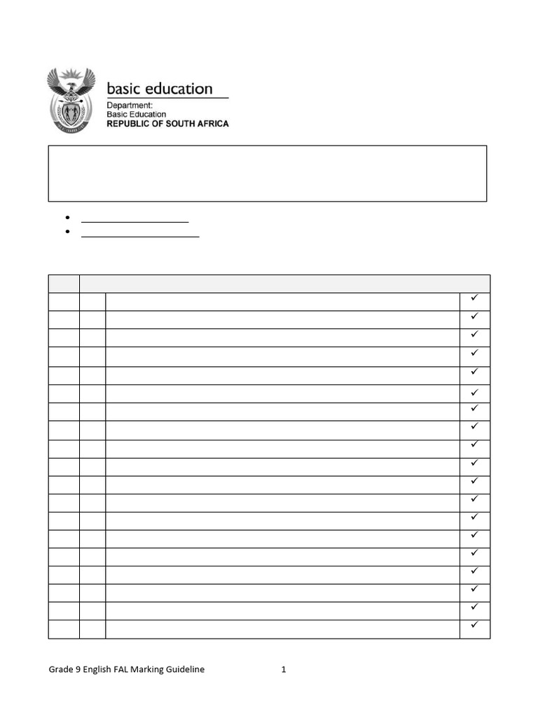 Grade 9 English FAL Marking Guide 2023 | PDF