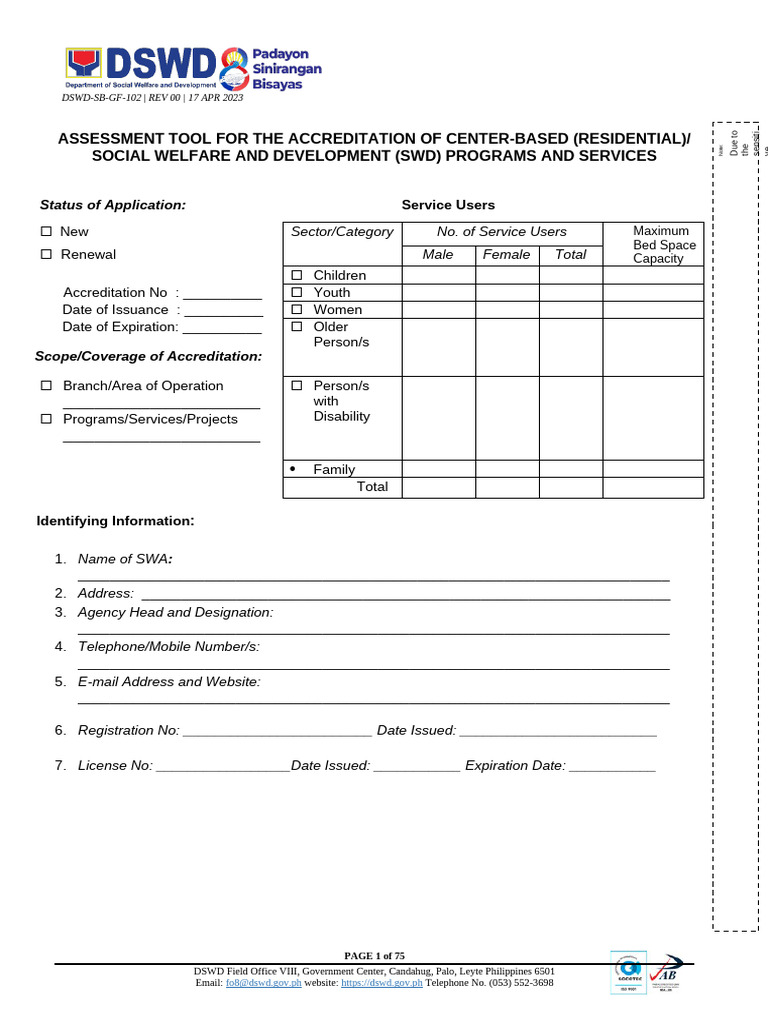 DSWD SB GF 102 - Rev 00 - Assessment Tool For The Accreditation of ...