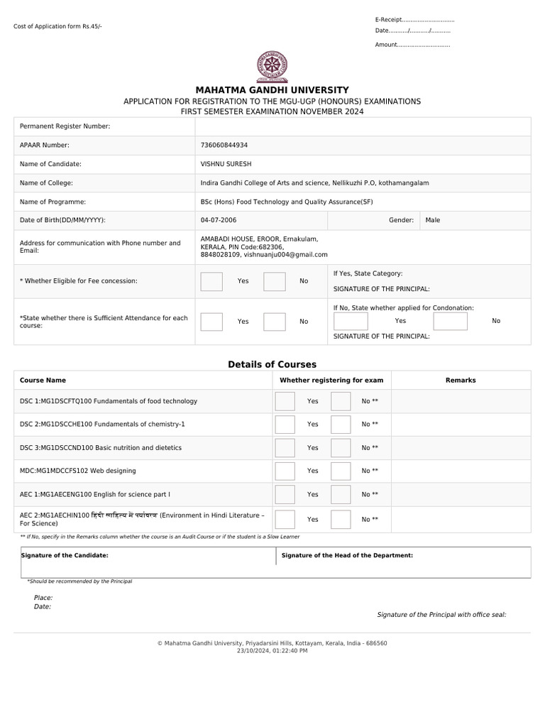 MGU UG Exam Registration Form 2024 | PDF