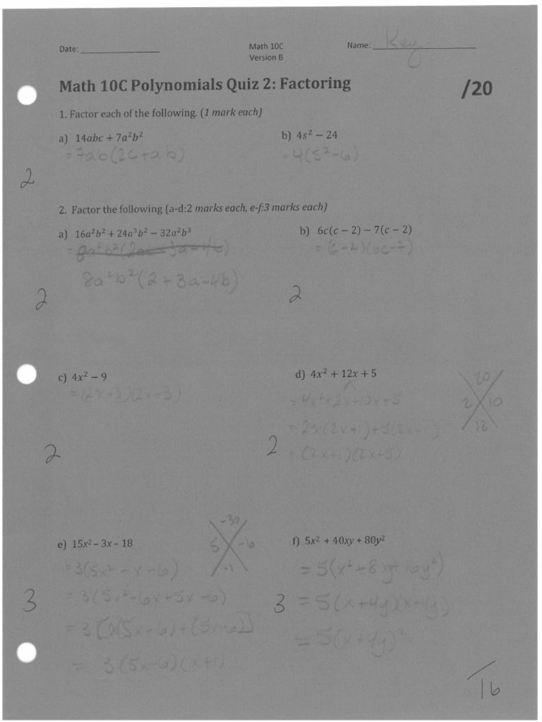 Factoring Polynomials Key B | PDF