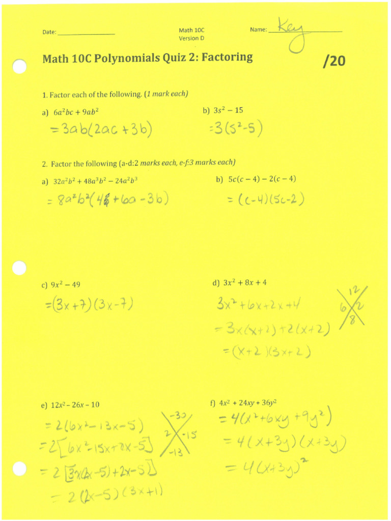 Factoring Polynomials Key D | PDF
