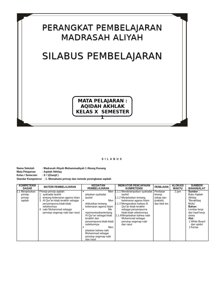 SILABUS Aqidah Akhlak MA Kelas X, 1-2 | PDF