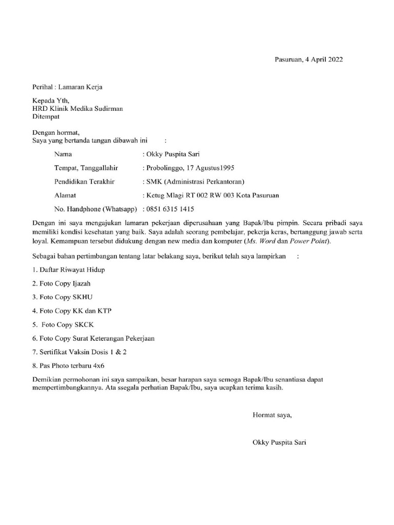 Surat Lamaran Kerja Okky Puspita Sari | PDF