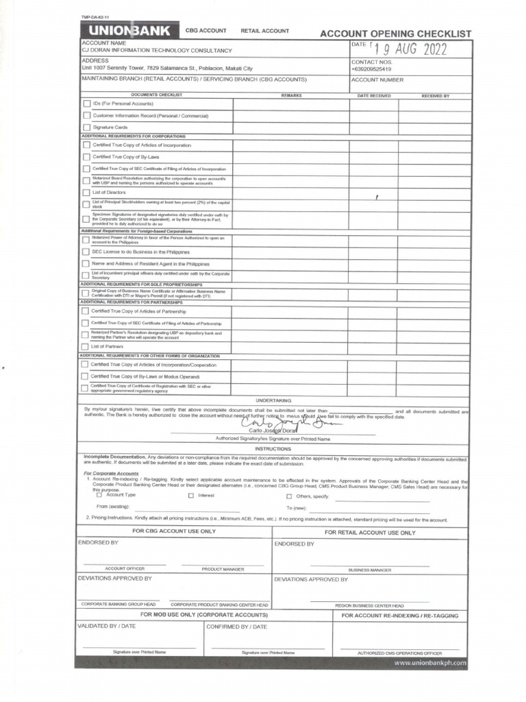 UB-Account Opening Checklist | PDF