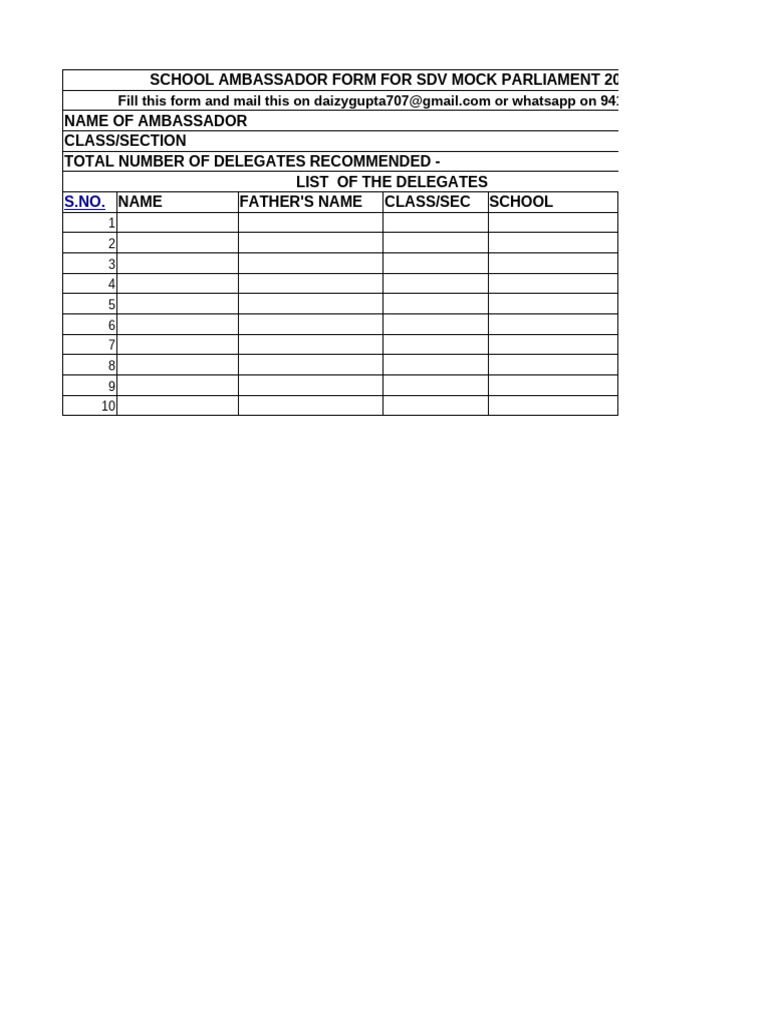 School Ambassador Form For SDV Mock Parliament 2023 New | PDF | Business