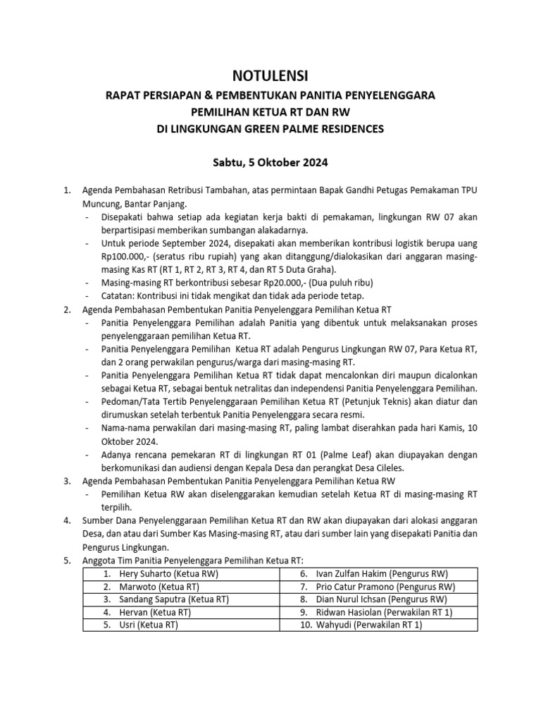 Notulensi Rapat Persiapan Pemilihan Ketua RT RW - 5 Okt 2024 Rev | PDF ...