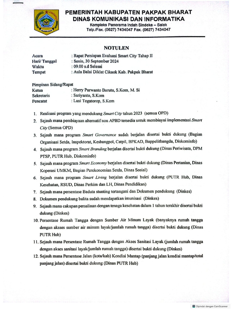 Notulen Rapat Persiapan Smart City(1) | PDF