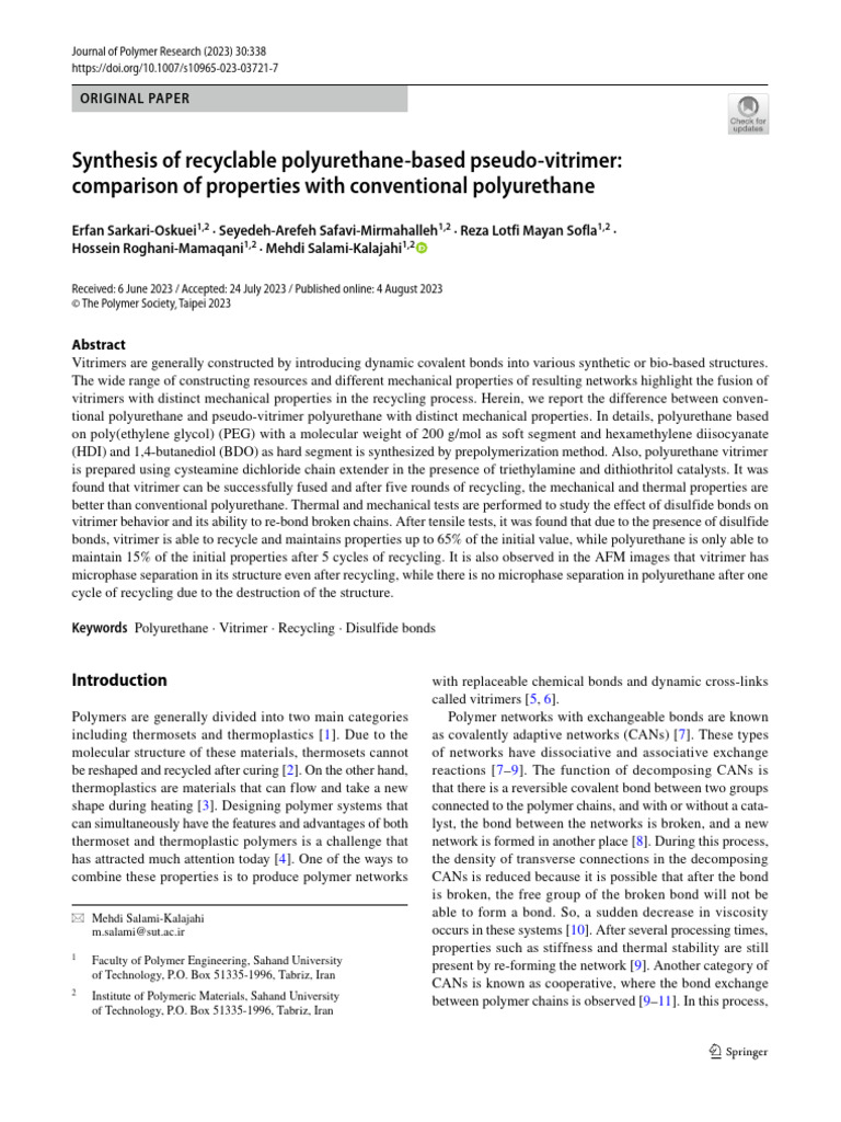 Synthesis of Recyclable Polyurethane Based Pseudo Vitrimer: Comparison ...