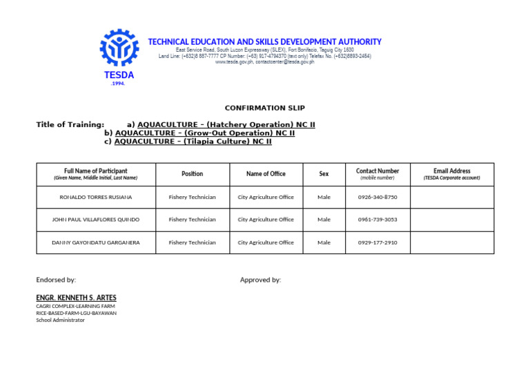 TESDA Aquaculture Training Confirmation | PDF