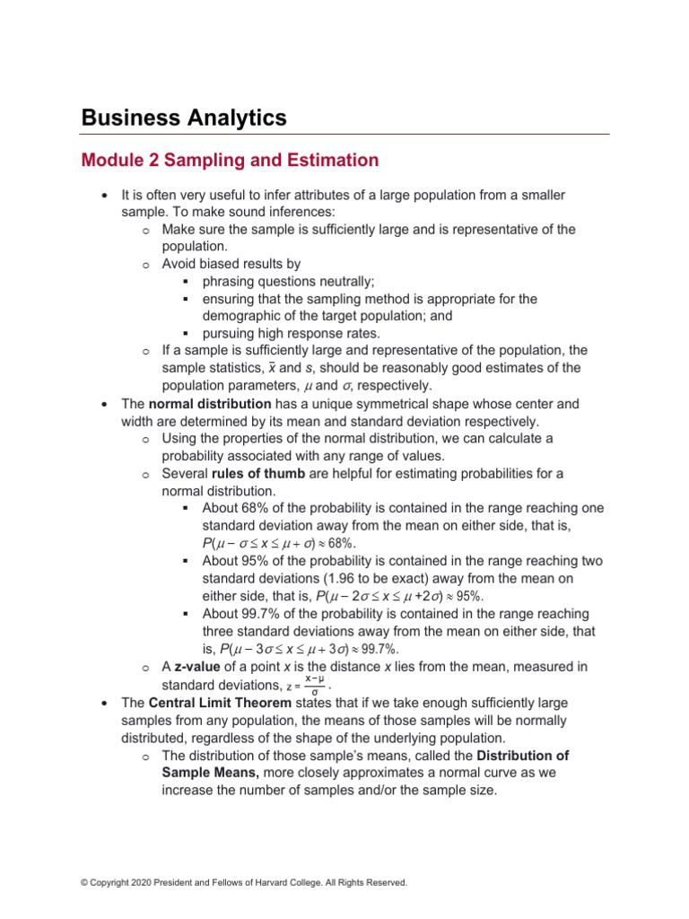 Business Analytics Module 2 Summary | PDF | Sample Size Determination | Standard Deviation