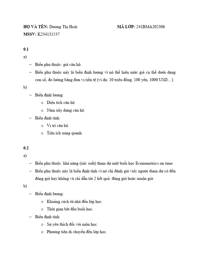 Họ Và Tên: Mã Lớp: Mssv: 0.1: o o o o | PDF