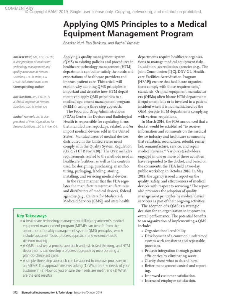 Applying QMS Principles To A Medical Equipment Management Program | PDF ...
