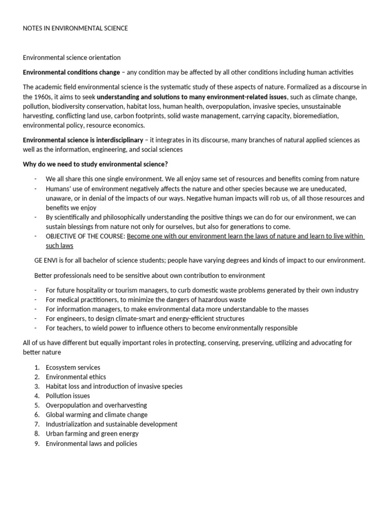 NOTES IN ENVIRONMENTAL SCIENCE | PDF | Natural Environment | Sustainability