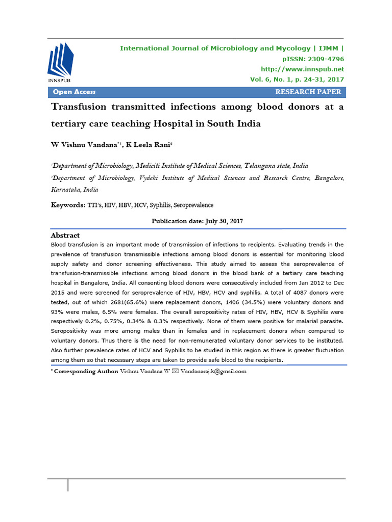 Transfusion Transmitted Infections Among Blood Donors at A Tertiary ...